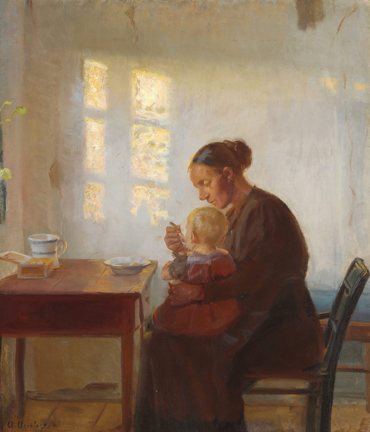 Anna Ancher En mor med sit barn i en sollys stue, 1905. Ribe ...