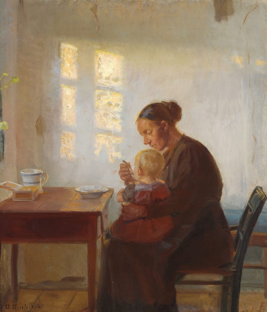 Anna Ancher En mor med sit barn i en sollys stue, 1905. Ribe ...